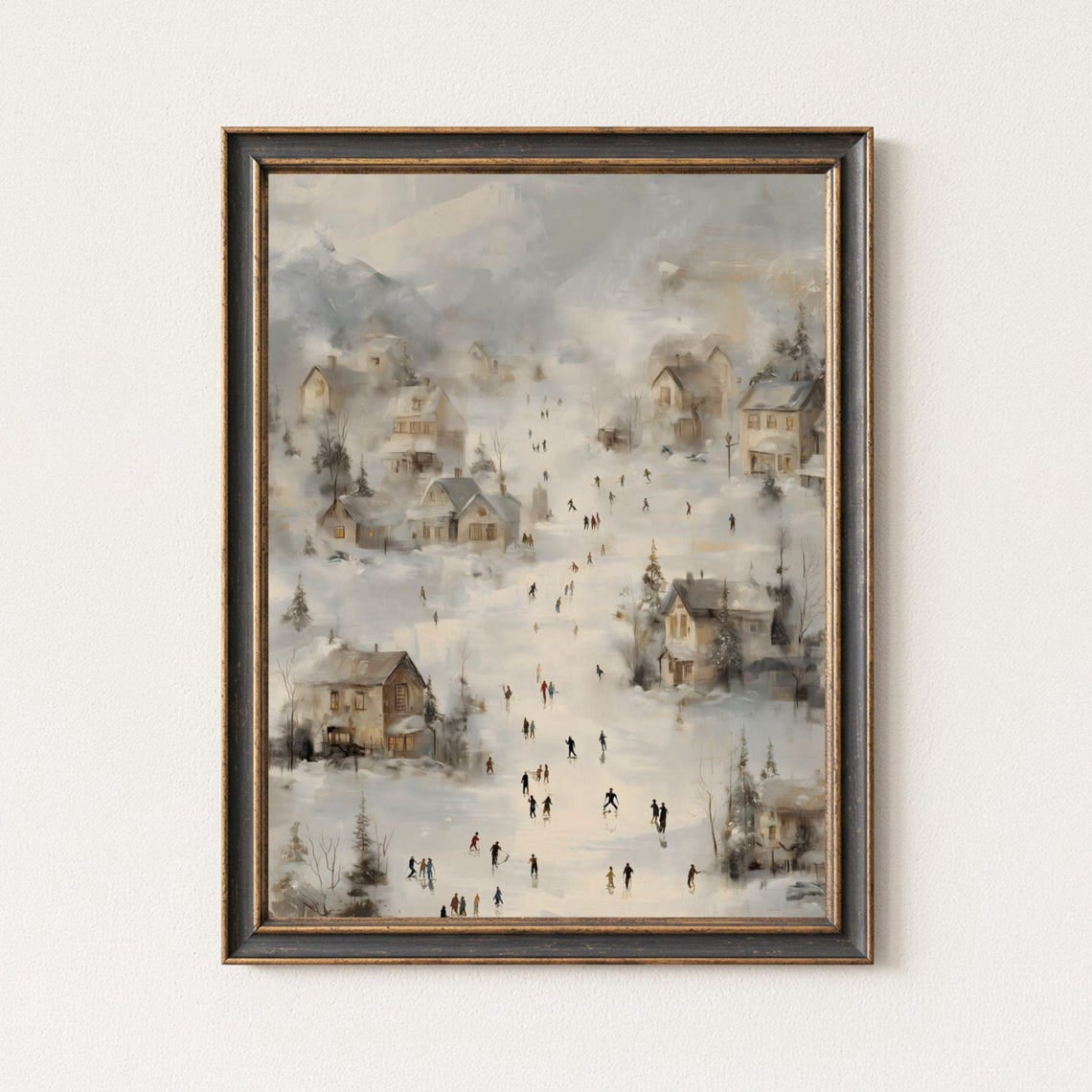 Vintage Winter Festive Village Print, Moody Winter Art, Snowy Winter ...