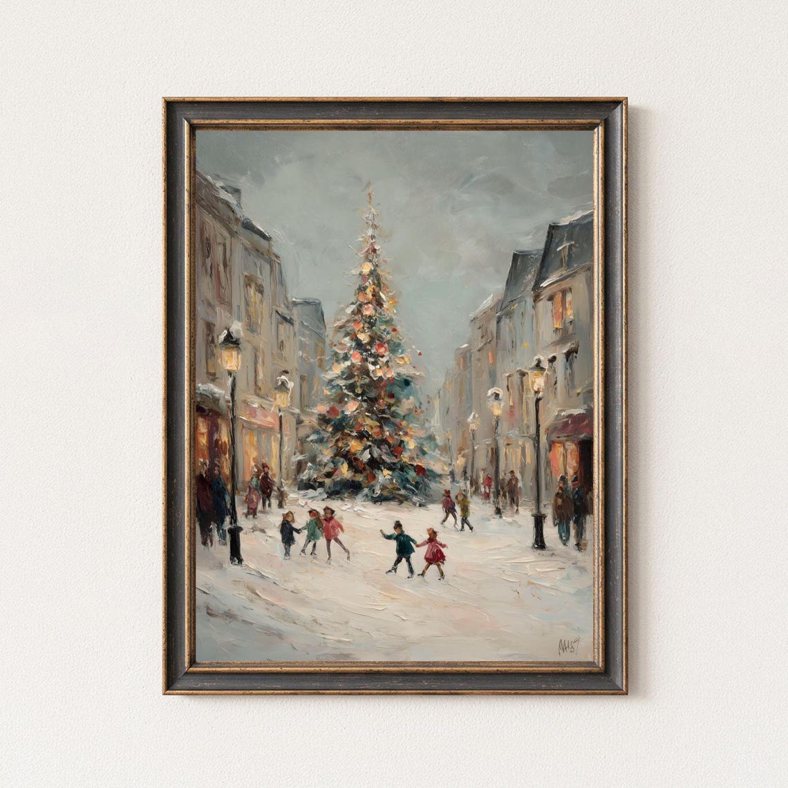 Vintage Winter Festive Village With Winter Tree Print, Moody Winter Art ...