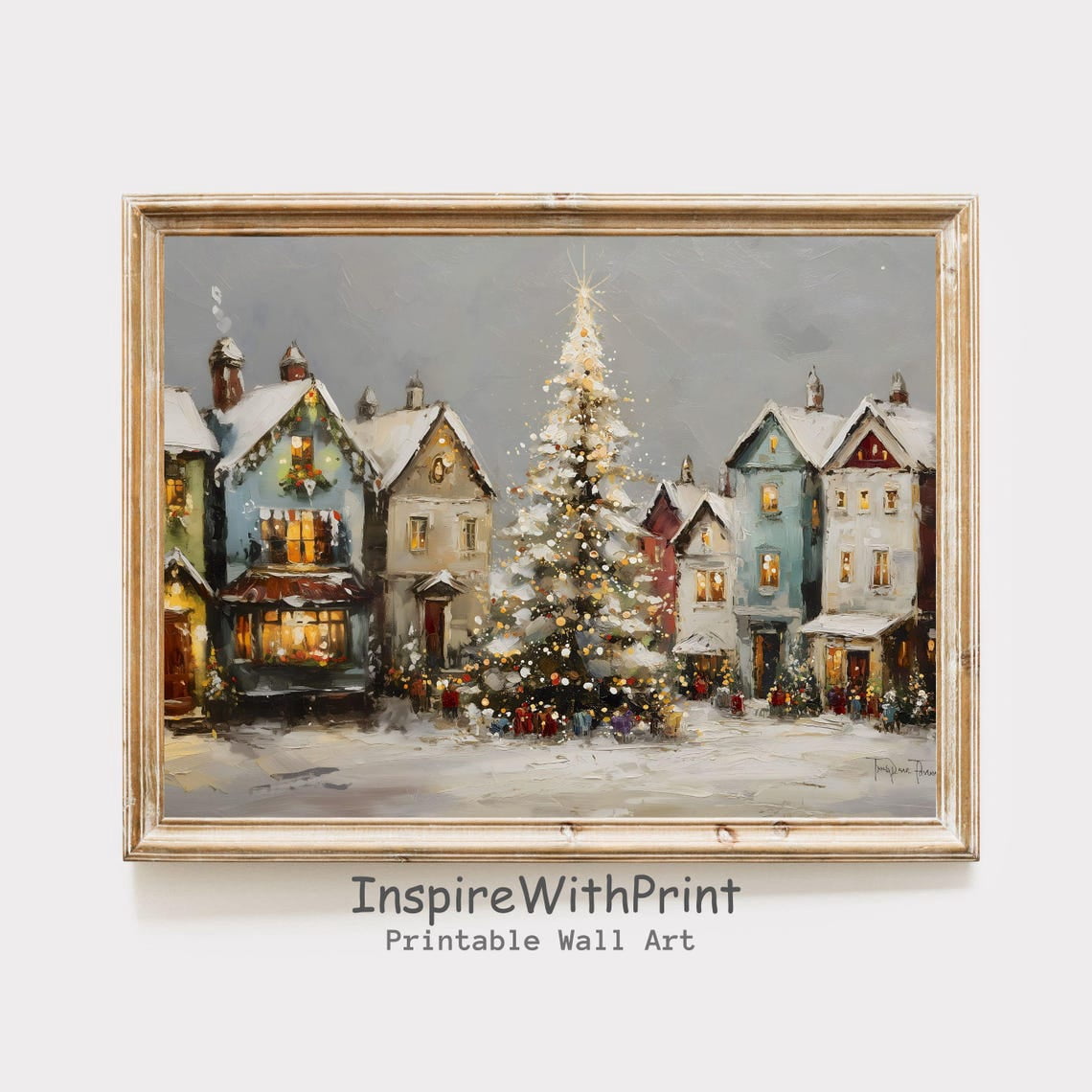 Vintage Winter Festive Village With Winter Tree Print, Winter Art ...