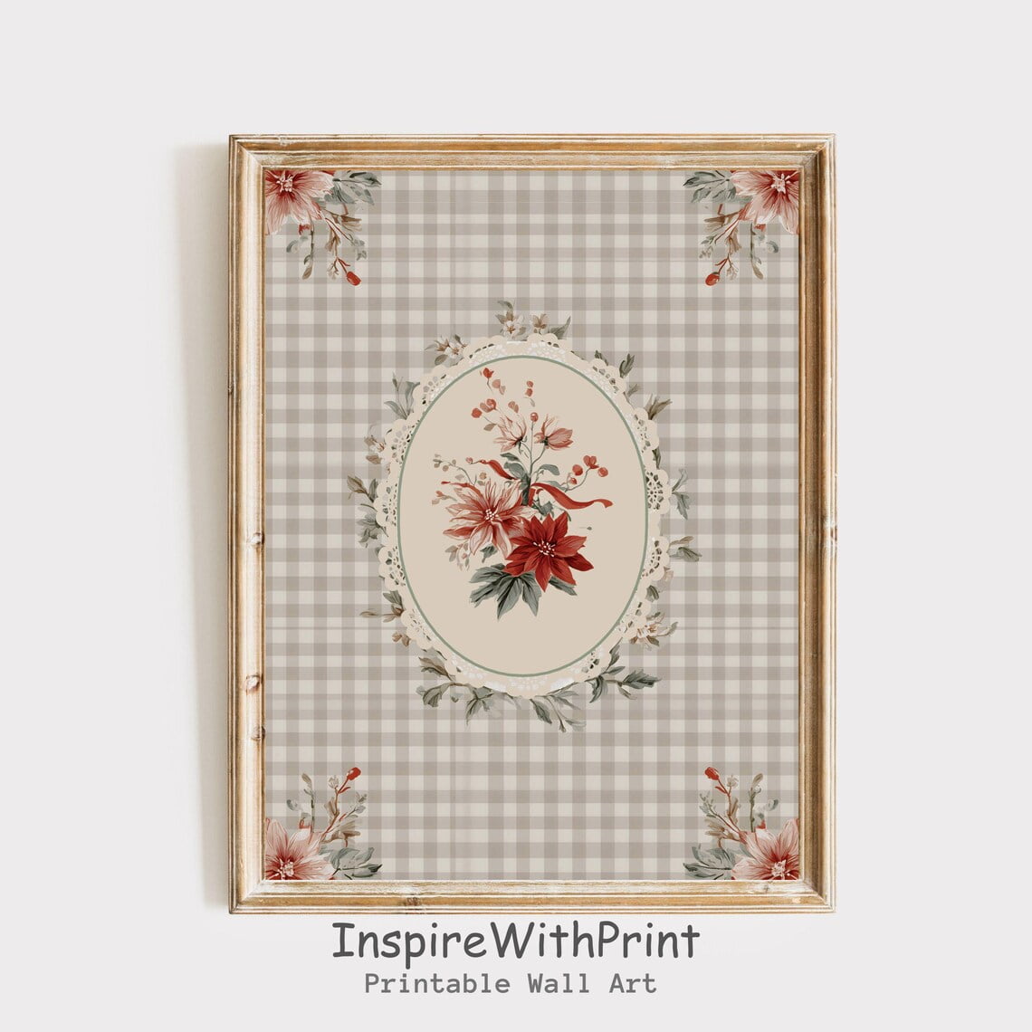 Vintage Winter Holiday Botanical Poster, Plaid Winter Holiday Floral ...
