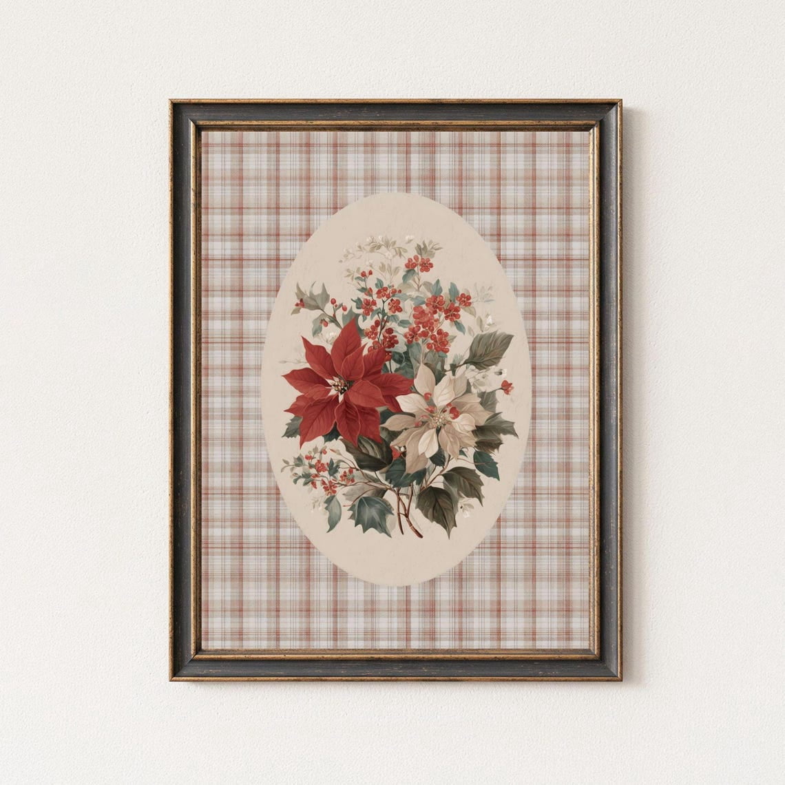 Vintage Winter Holiday Botanical Print, Gingham Winter Holiday Floral ...