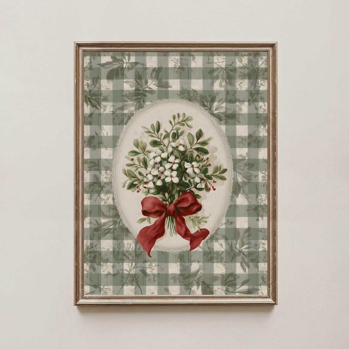 Vintage Winter Holiday Botanical Print, Plaid Winter Holiday Floral Art ...