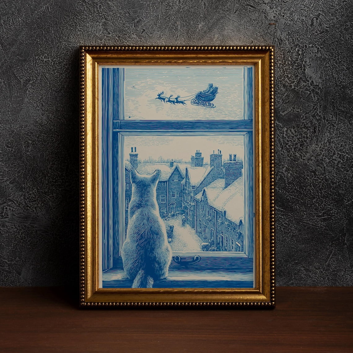 Vintage Winter Holiday Cat, Retro Holiday Cat Art, Blue Woodcut Winter ...