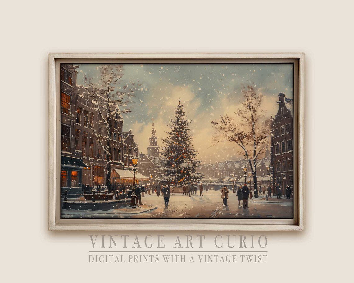 Vintage Winter Holiday Dutch Amsterdam City Wall Art Print, Rustic ...