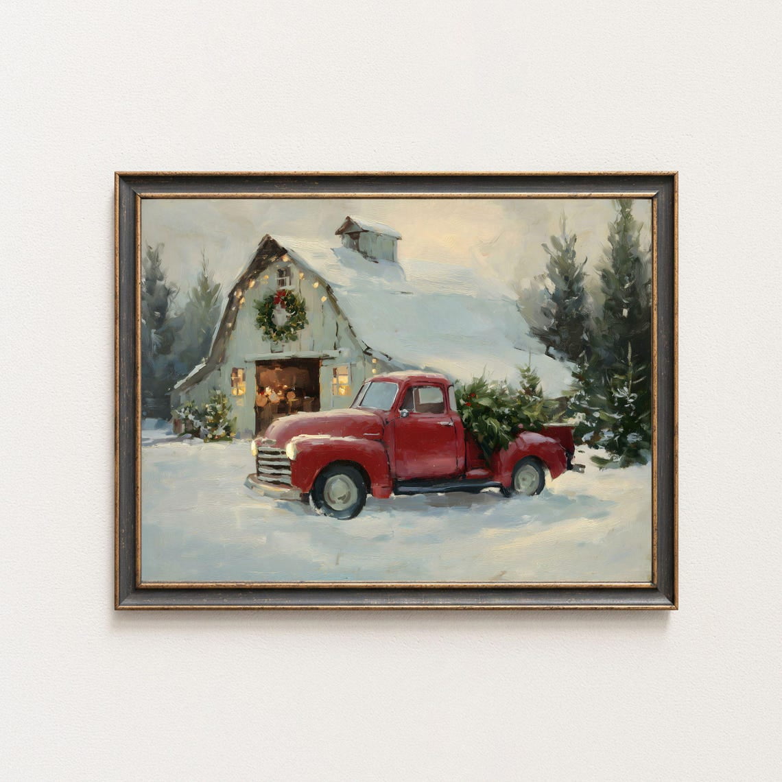 Vintage Winter Holiday Red Truck and Pine Tree Print, Farmhouse Winter ...