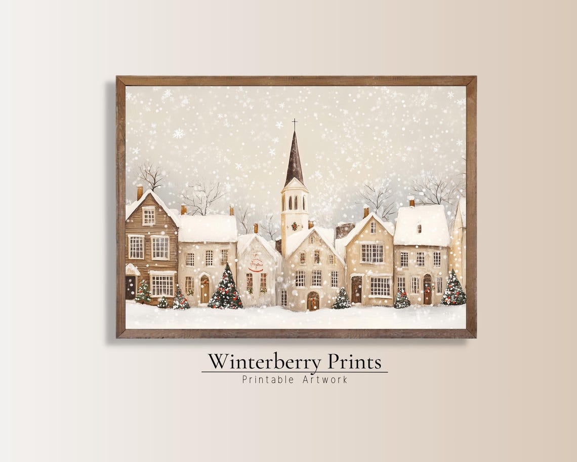 Vintage Winter Holiday Town Print, Neutral Winter Village Wall Art Home ...