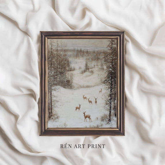 Vintage Winter Landscape Rustic Deer In Mountain Poster Snowy Scenery ...