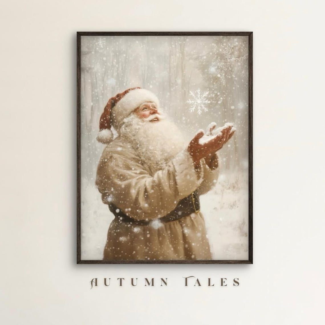 Vintage Winter Poster, Santa In Beige Catching Snowflakes, Snow-Covered ...