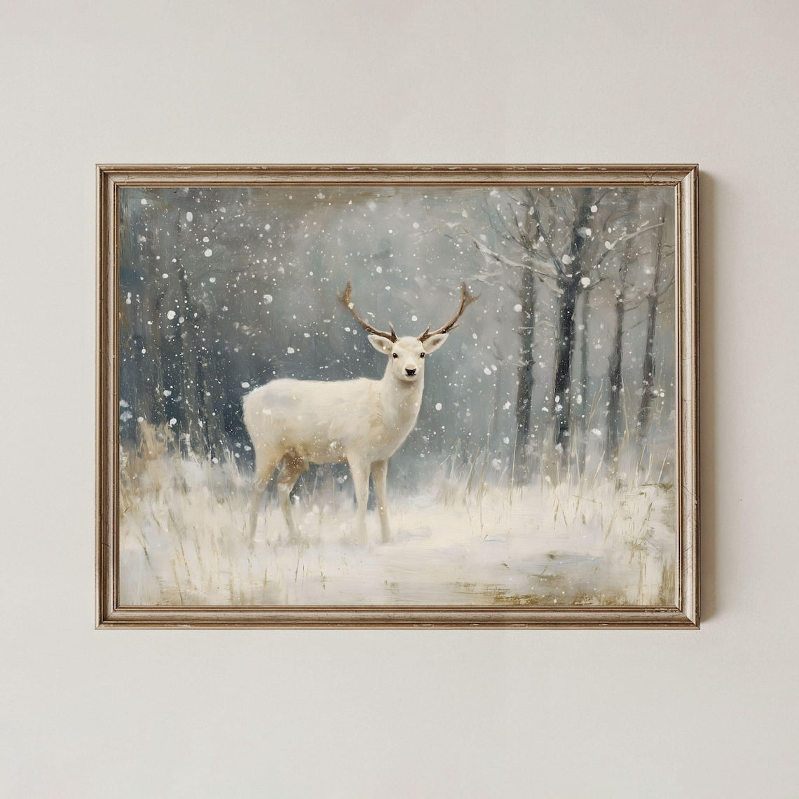 Vintage Winter Reindeer Print, Snowy Winter Landscape Art, Moody Winter ...