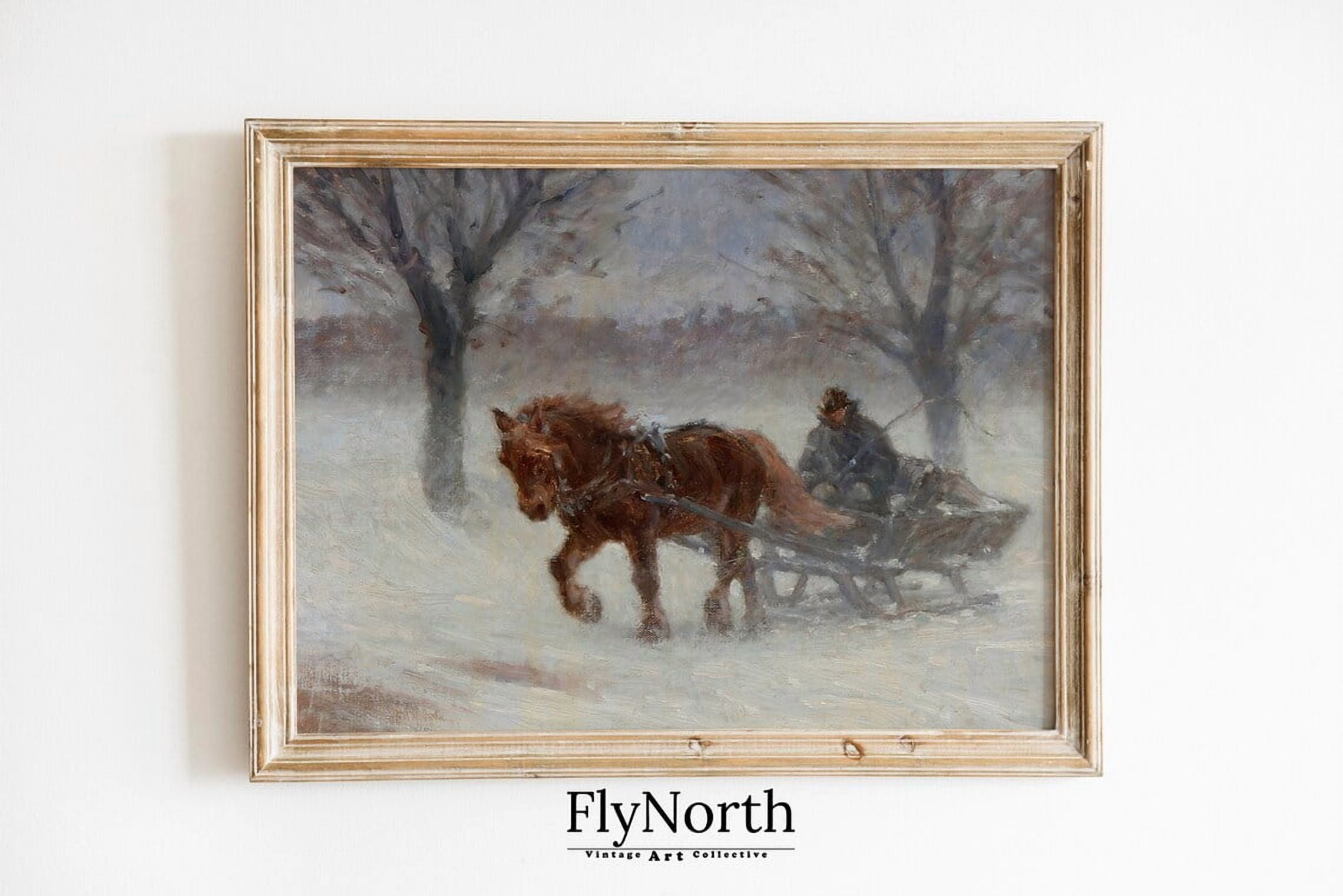 Vintage Winter Sleigh Ride, Snowy Farmhouse Landscape Home Decor ...