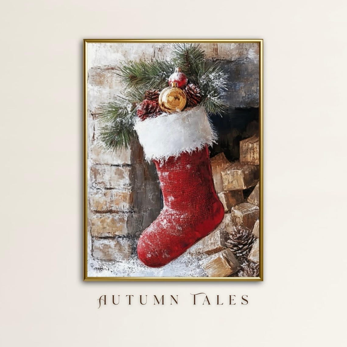 Vintage Winter Stocking Poster, Cottagecore Printable, Rustic Brick ...