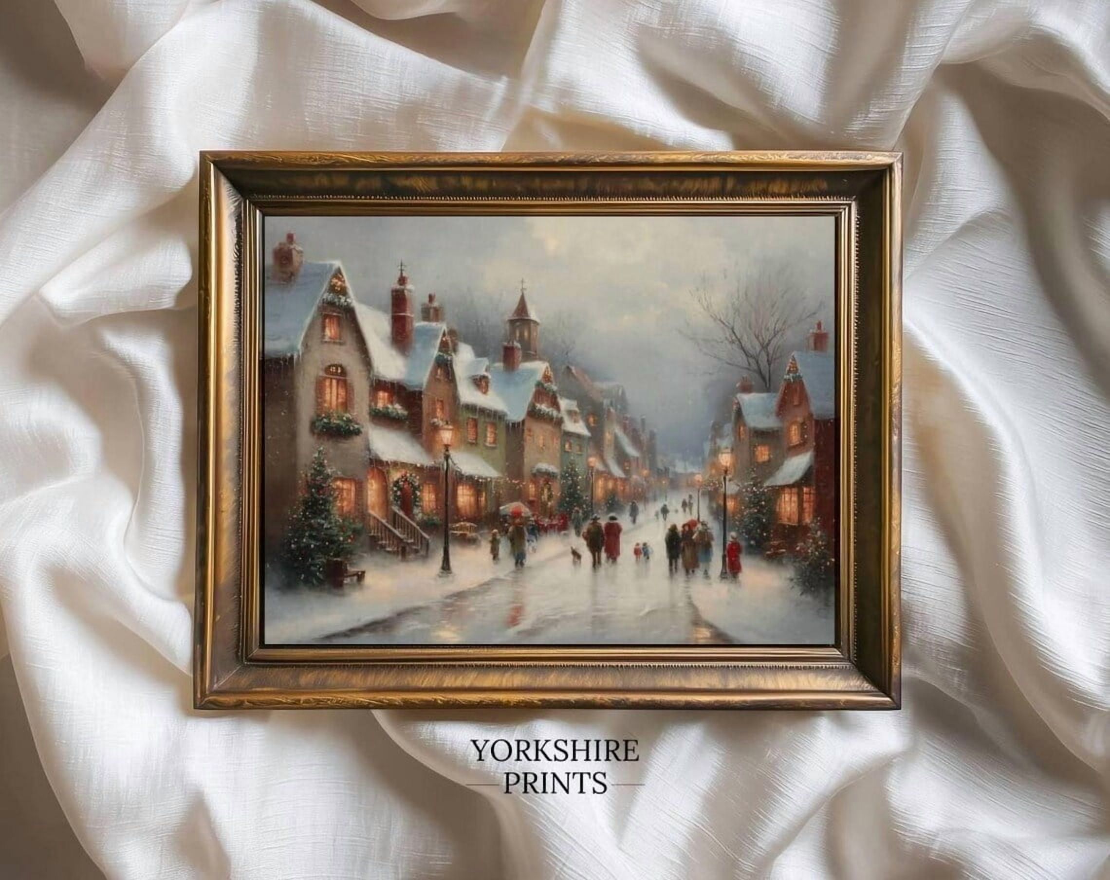 Vintage Winter Town Print, Snowy Winter Street Scene, Rustic Village ...