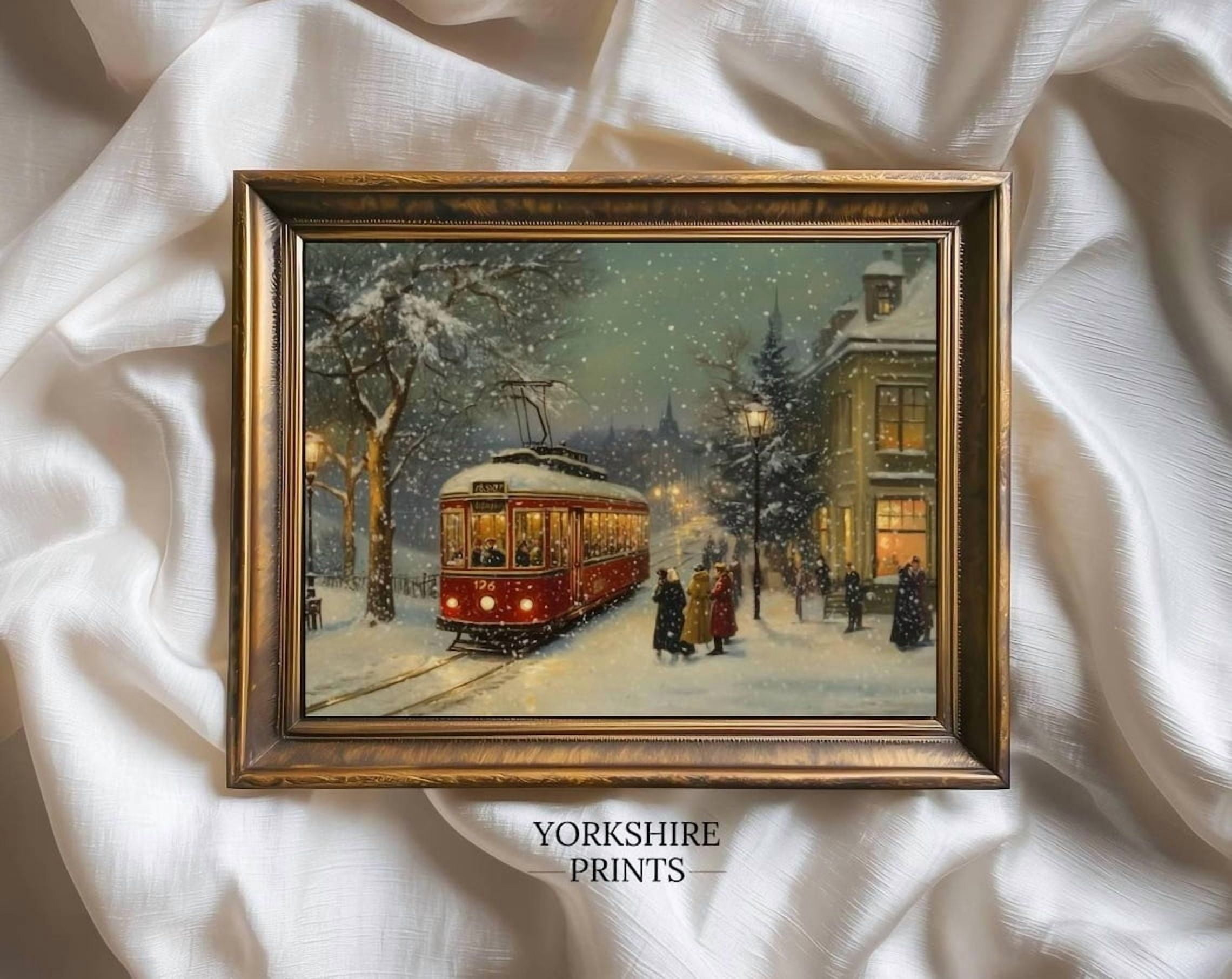 Vintage Winter Tram Print, Snowy Winter City Street Scene 3945 UNFRAMED ...