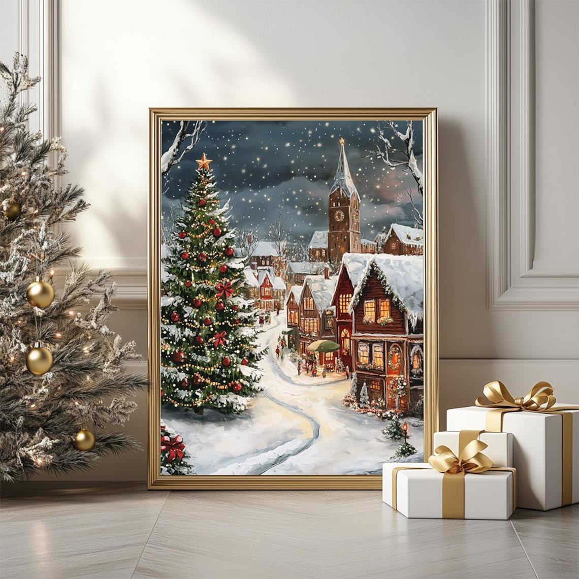 Vintage Winter Village Poster, Snowy Festive Town Scene, Classic Winter ...
