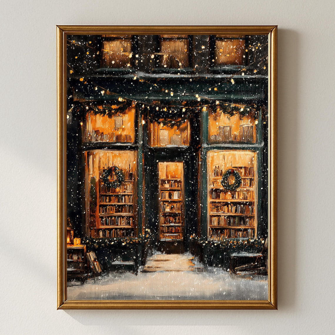 Vintage Winter Wall Art, Cozy Bookstore Front With Wreaths And Snowy ...