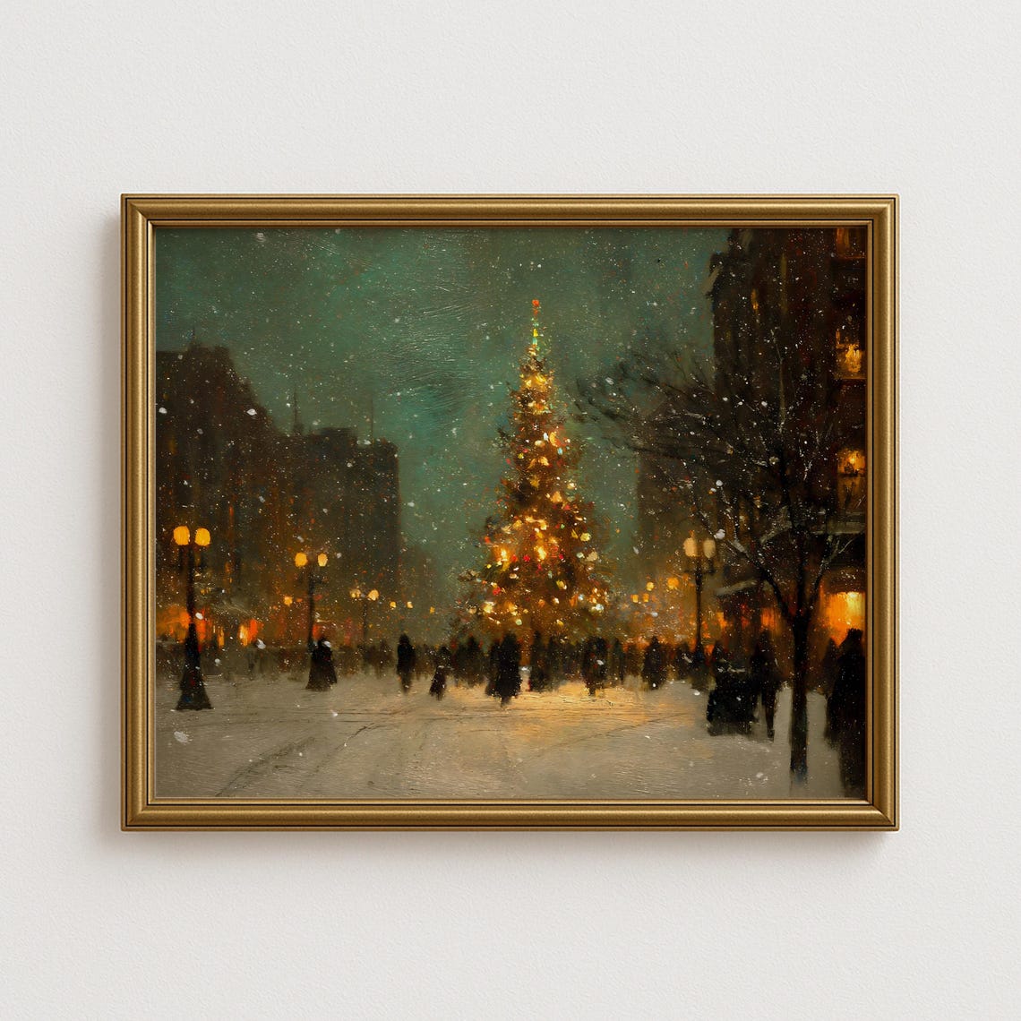 Vintage Winter Wall Art,Snowy City Square With Winter Tree And Glowing ...