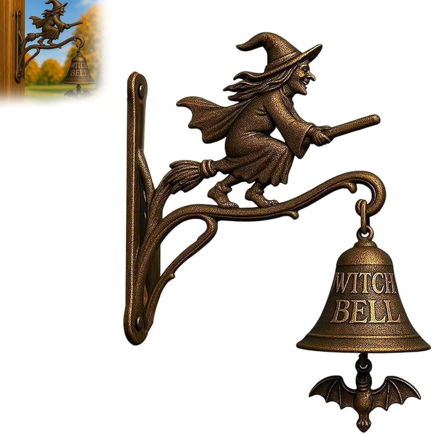 Vintage Witch Doorbell – Cast Iron Halloween Door Hanger Bell, Witch Bells for Protection ...