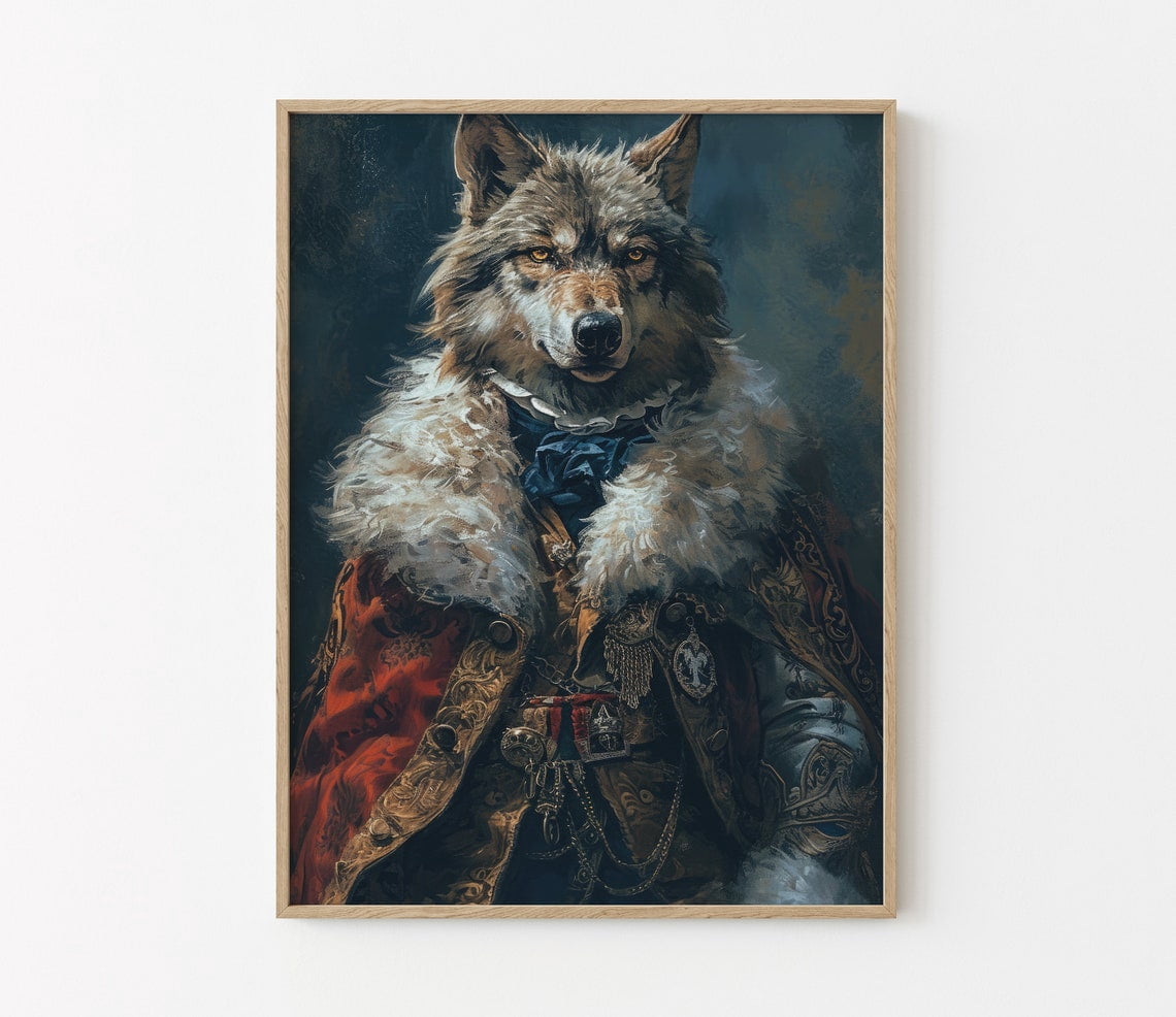 Vintage Wolf Regal Portrait Painting Print, Wolf Wall Art Print, Animal ...