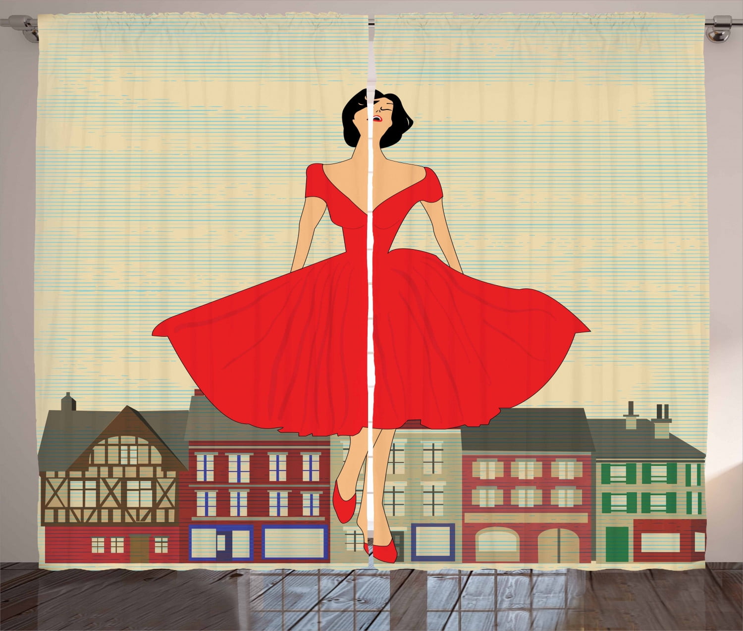 Ambesonne Vintage Woman Curtains 2 Panel Set, Lady in Red Dress, 108" x ...