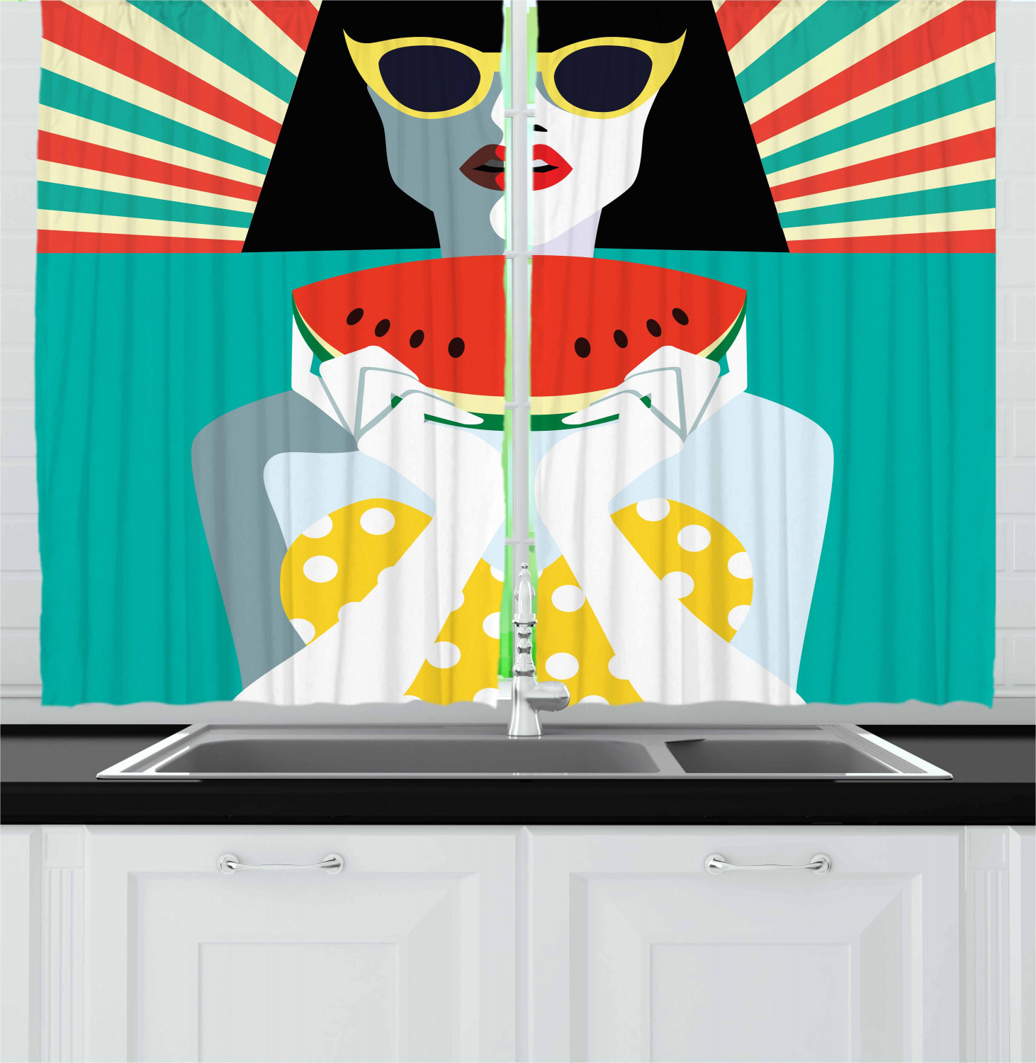 Vintage Woman Curtains 2 Panels Set, Pop Art Girl on Summer Holiday ...