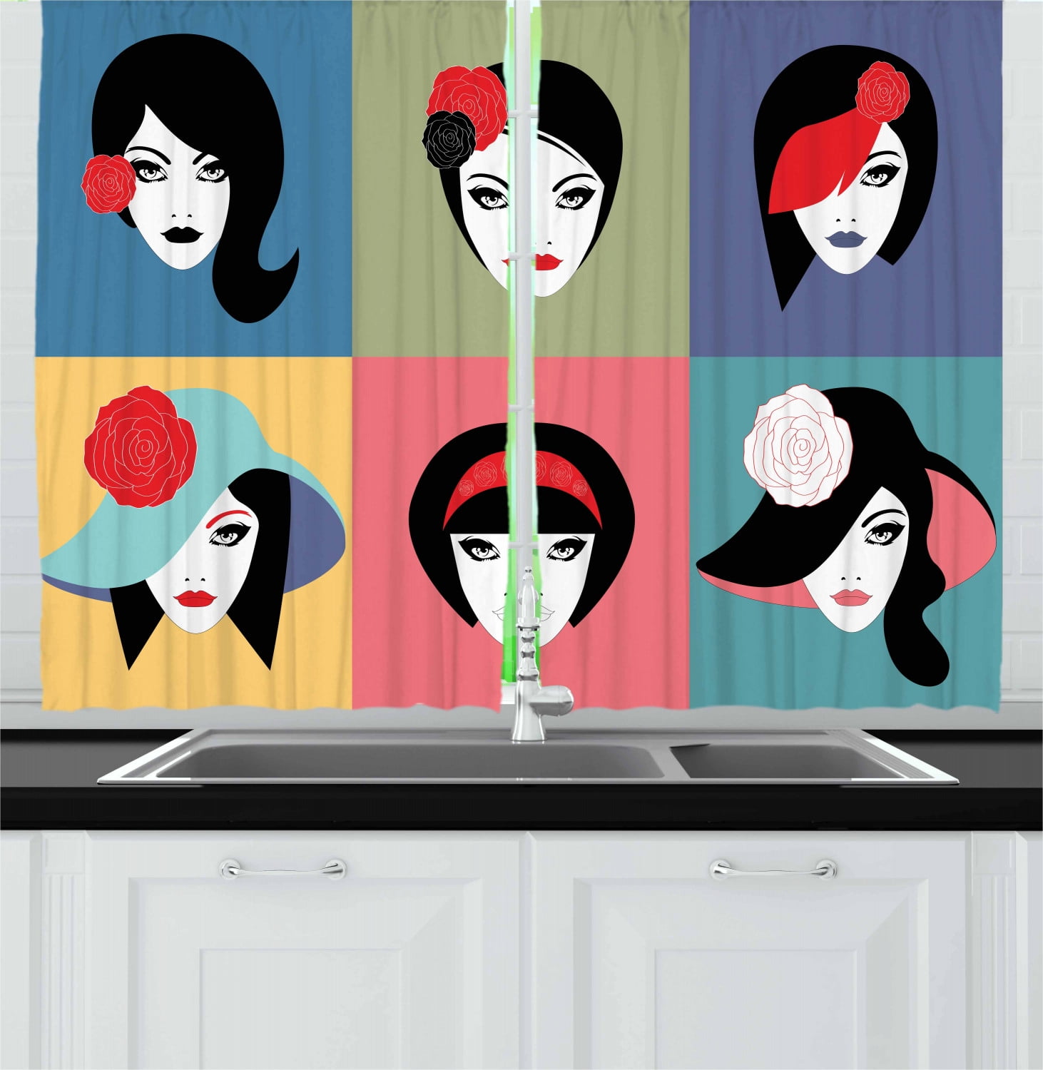 Vintage Woman Curtains 2 Panels Set, Pop Art Portraits Retro Fashion ...