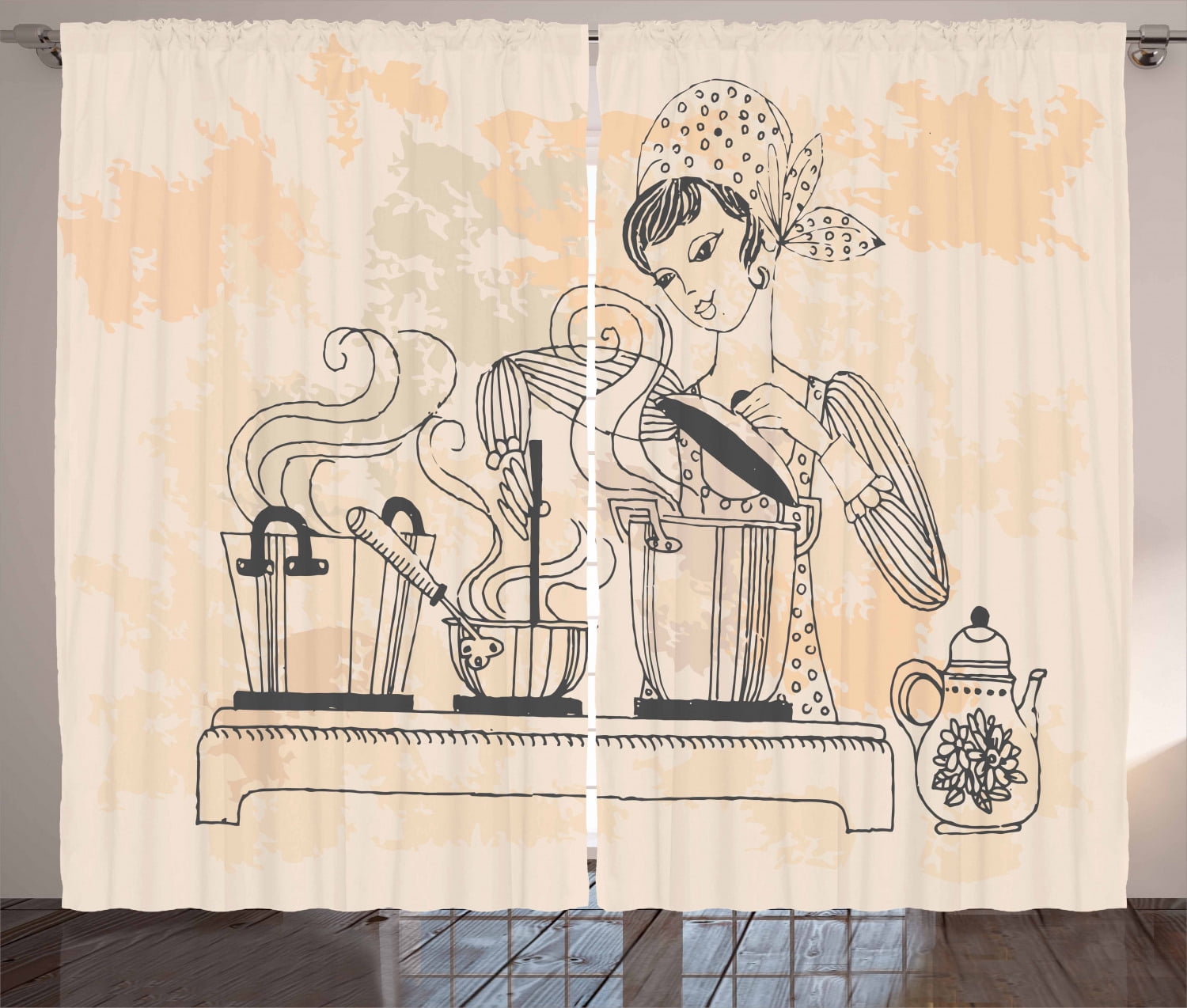 Ambesonne Vintage Woman Curtains 2 Panel Set, Housewife Cooking, 108" x ...