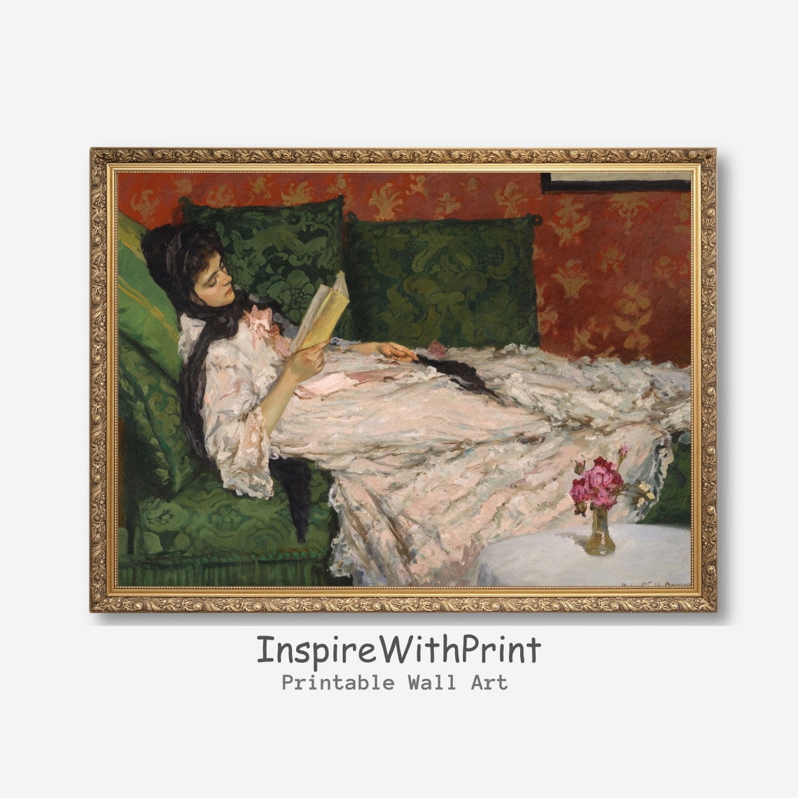 Vintage Woman Reading Portrait , Antique Interior Print, Moody Reading ...