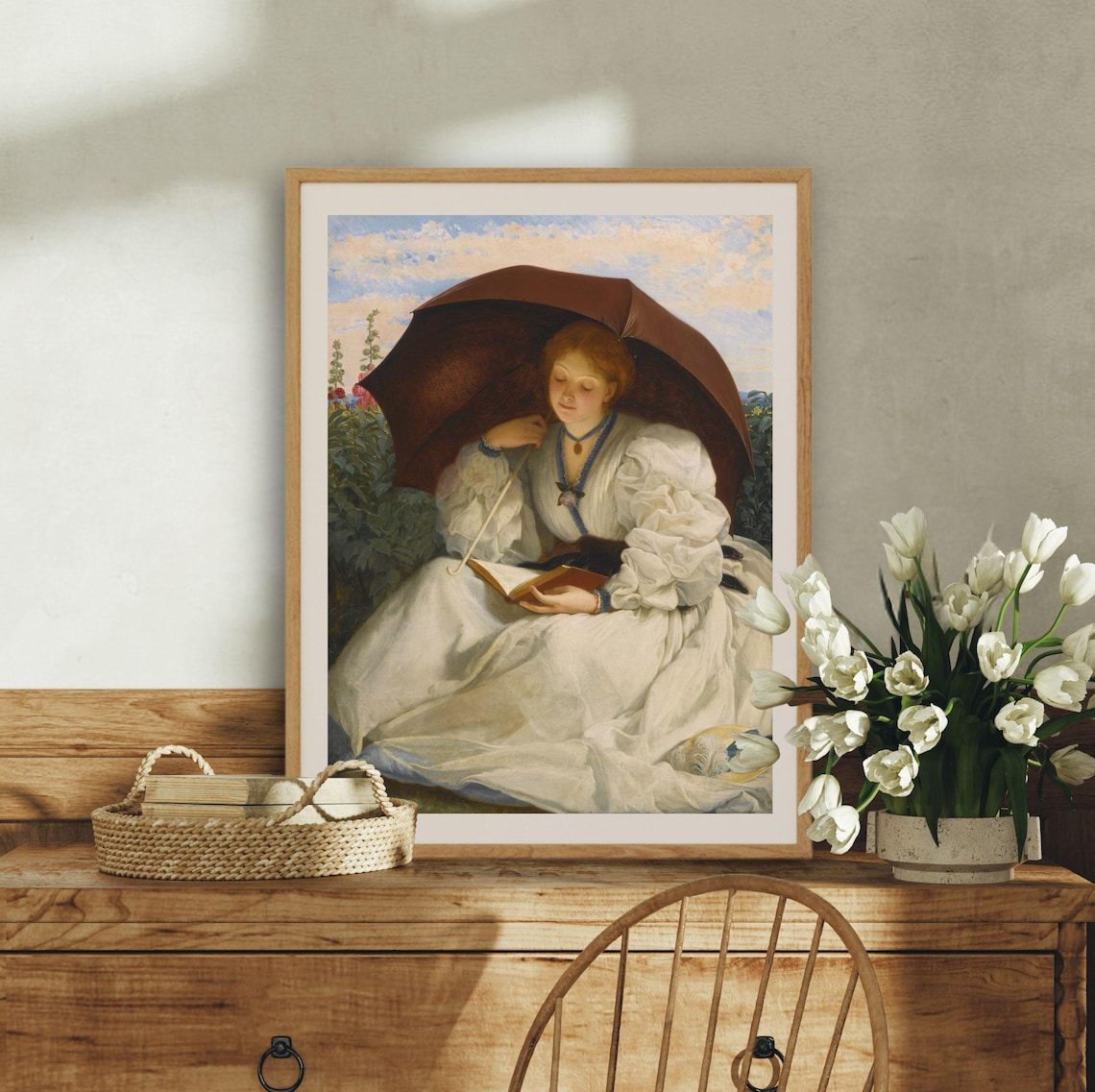 Vintage Woman Reading Poster, Girl With Umbrella Reading Art, Moody ...