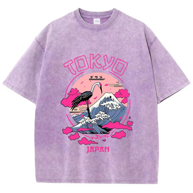 Vintage Womens Acid Washing T-Shirts Tokyo Harajuku Printing Tees Crew ...