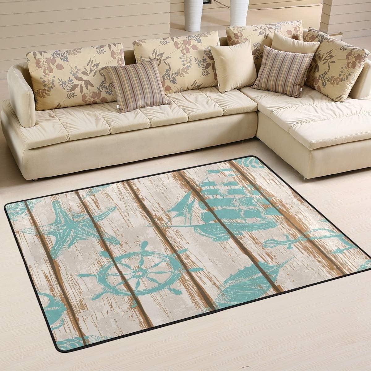 Vintage Wood Board Anchor Seashell Starfish Area Rug 48"x63" Soft Rugs ...