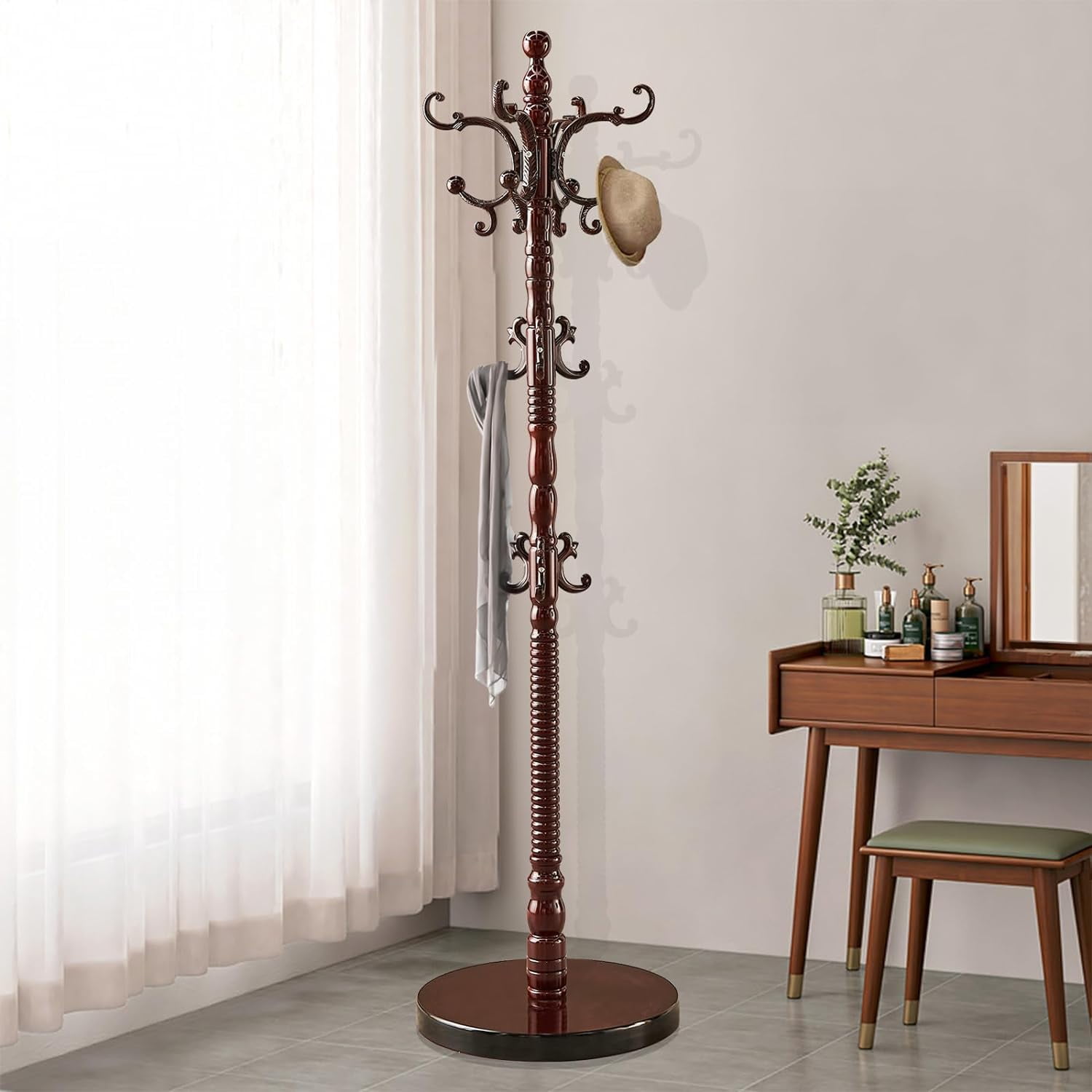 Vintage Wood Coat Rack Freestanding with Sturdy Round Base, Classic ...