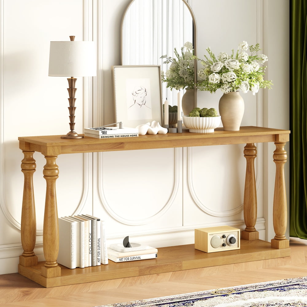 Vintage Wood Grain Console Table with Bottom Shelf and Four Vase Legs ...
