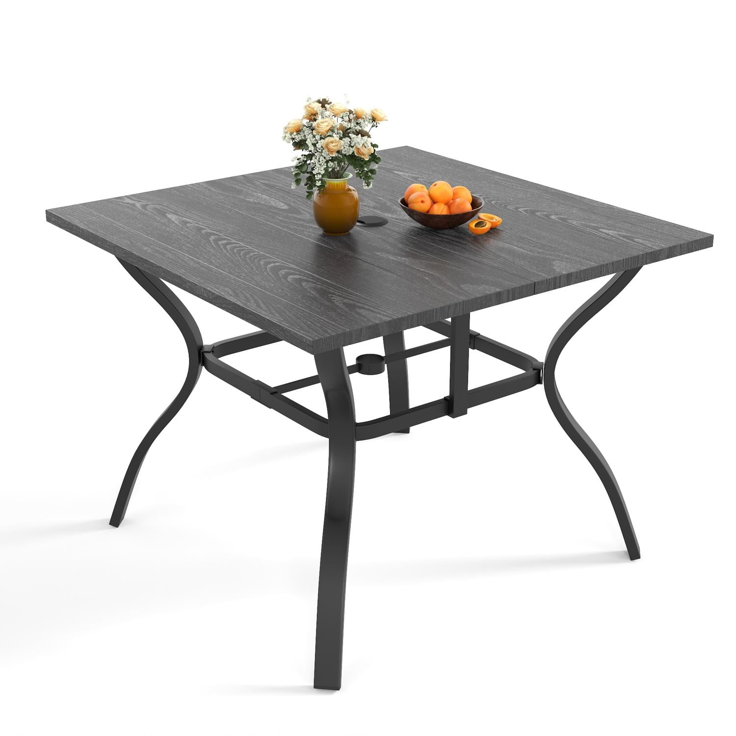 Vintage Wood Grain Metal Patio Table 37.8 Inch Square with Umbrella ...