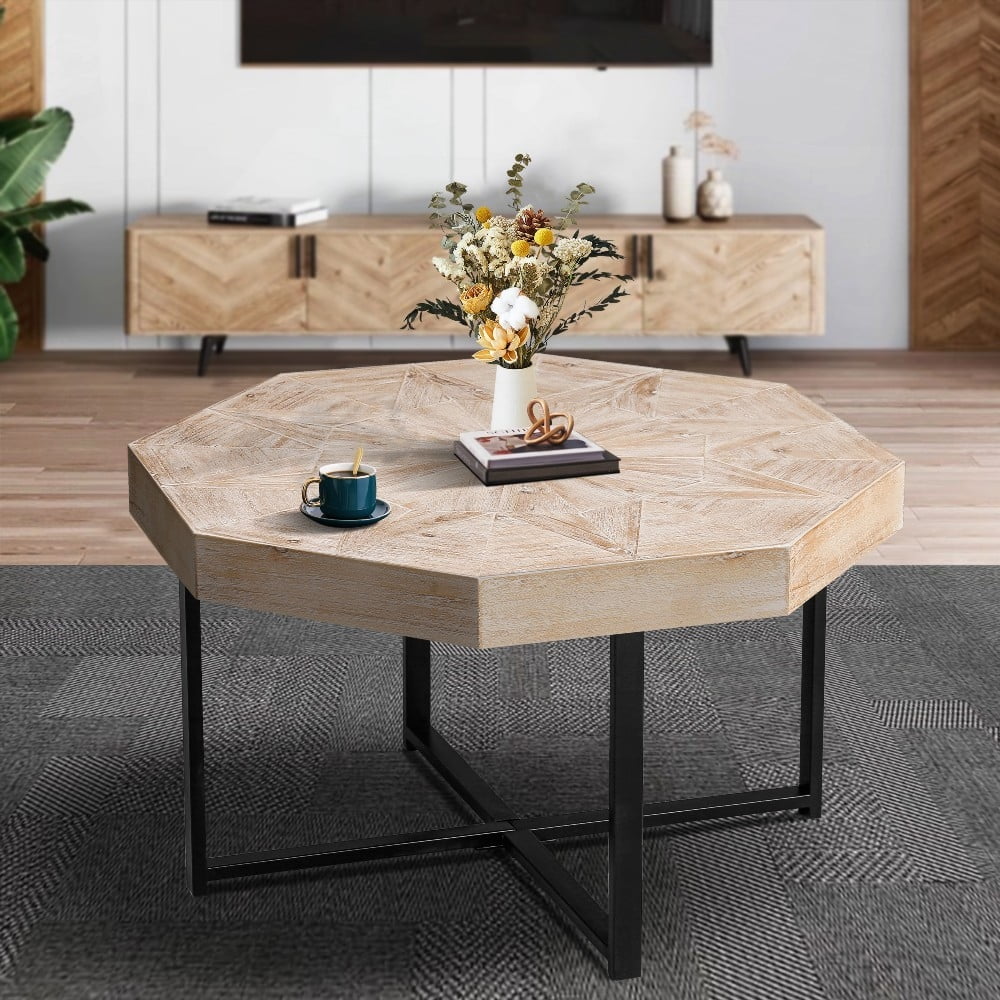 Vintage Wood Octagonal Patchwork Farmhouse 30 Inch Coffee Table with ...