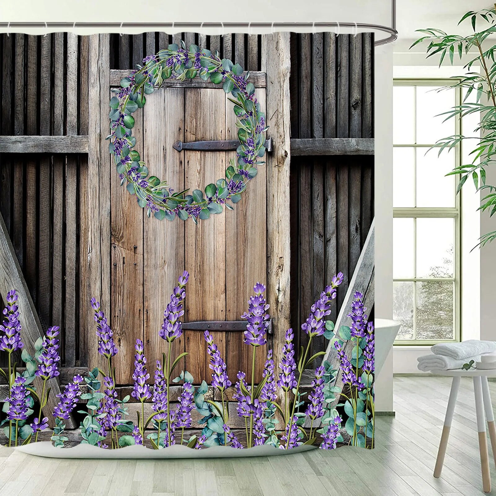 Vintage Wood Plank Shower Curtain Rustic Farm Barn Door Wooden Wheel ...