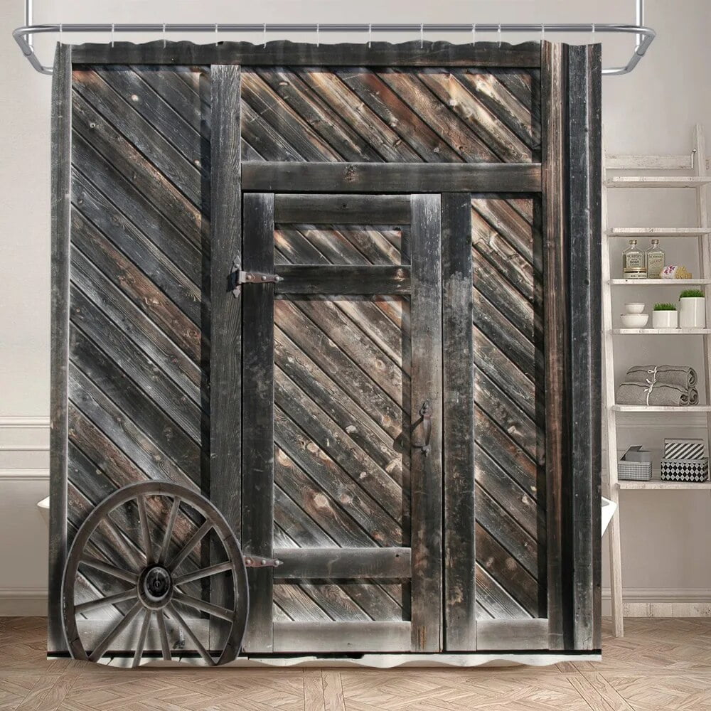 Vintage Wood Plank Shower Curtain Rustic Farm Barn Door Wooden Wheel ...