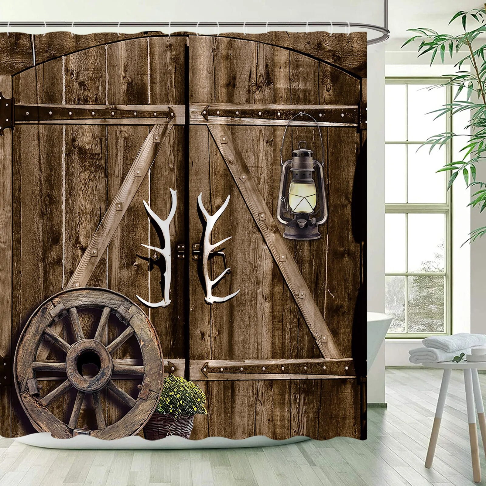 Vintage Wood Plank Shower Curtain Rustic Farm Barn Door Wooden Wheel ...