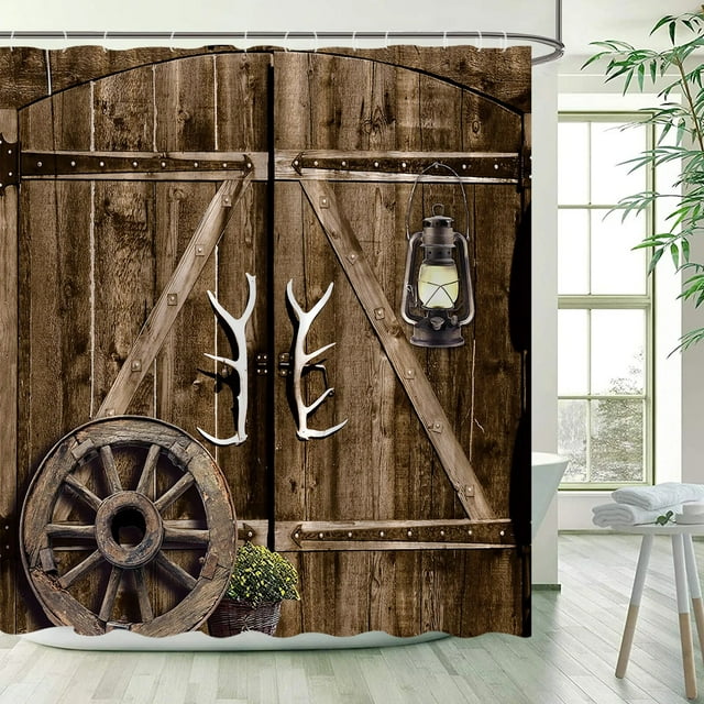 Vintage Wood Plank Shower Curtain Rustic Farm Barn Door Wooden Wheel ...