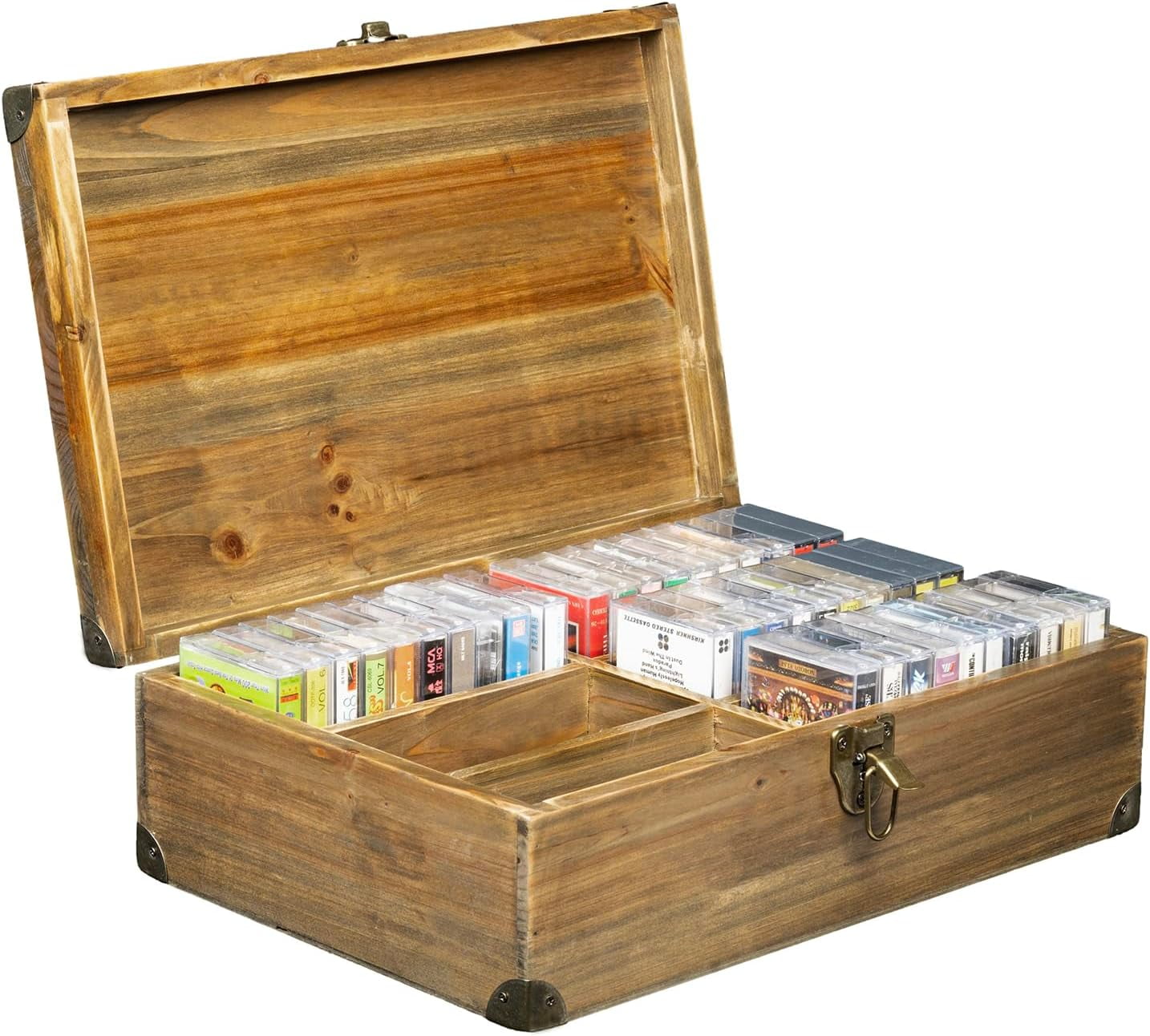 Vintage Wood Retro Audio Cassette Tape Storage Box with Antique Brass ...