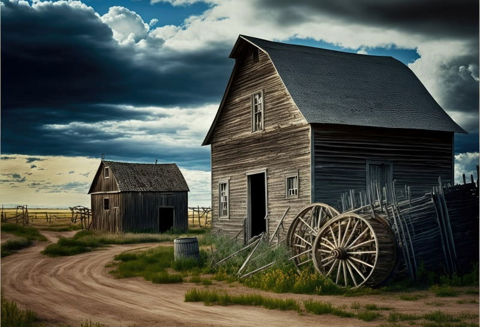 Vintage Wood Rural Barn Landscape Backdrop Rustic Farm Tools Wheels ...