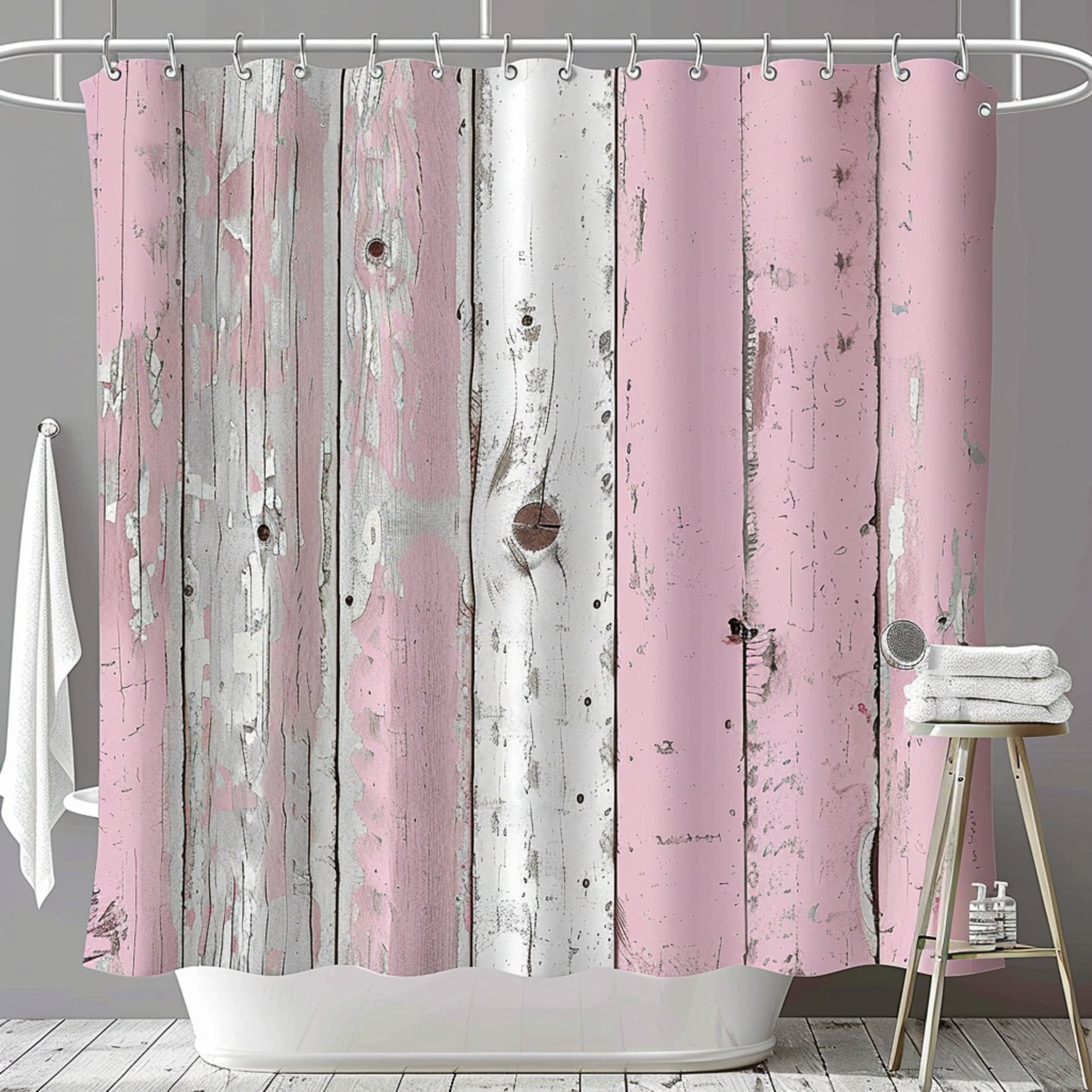 Vintage Wood Texture Shower Curtain Shabby Chic Style Pink And White