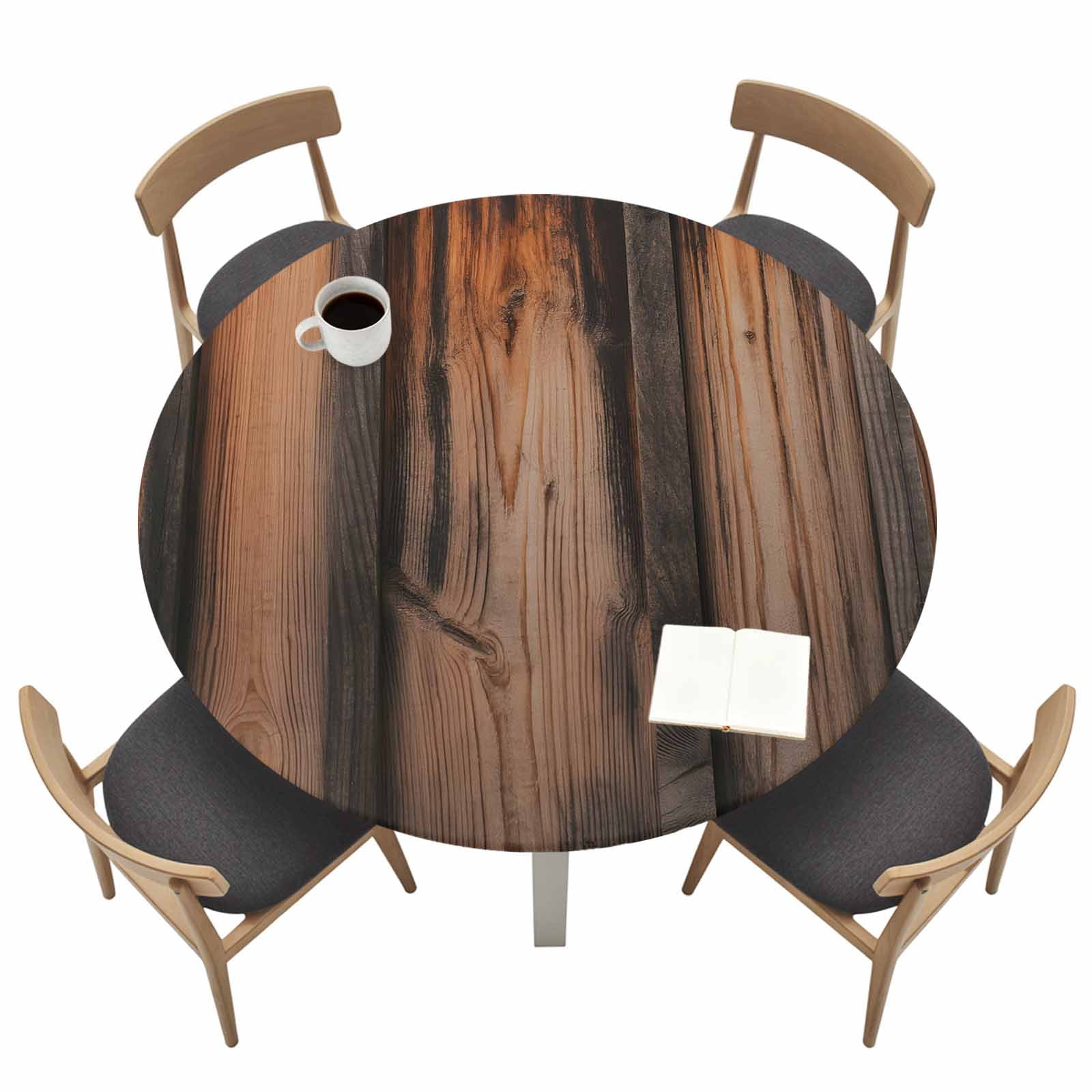Vintage Wooden Boards Round Fitted Tablecloth with Elastic Edge Black ...
