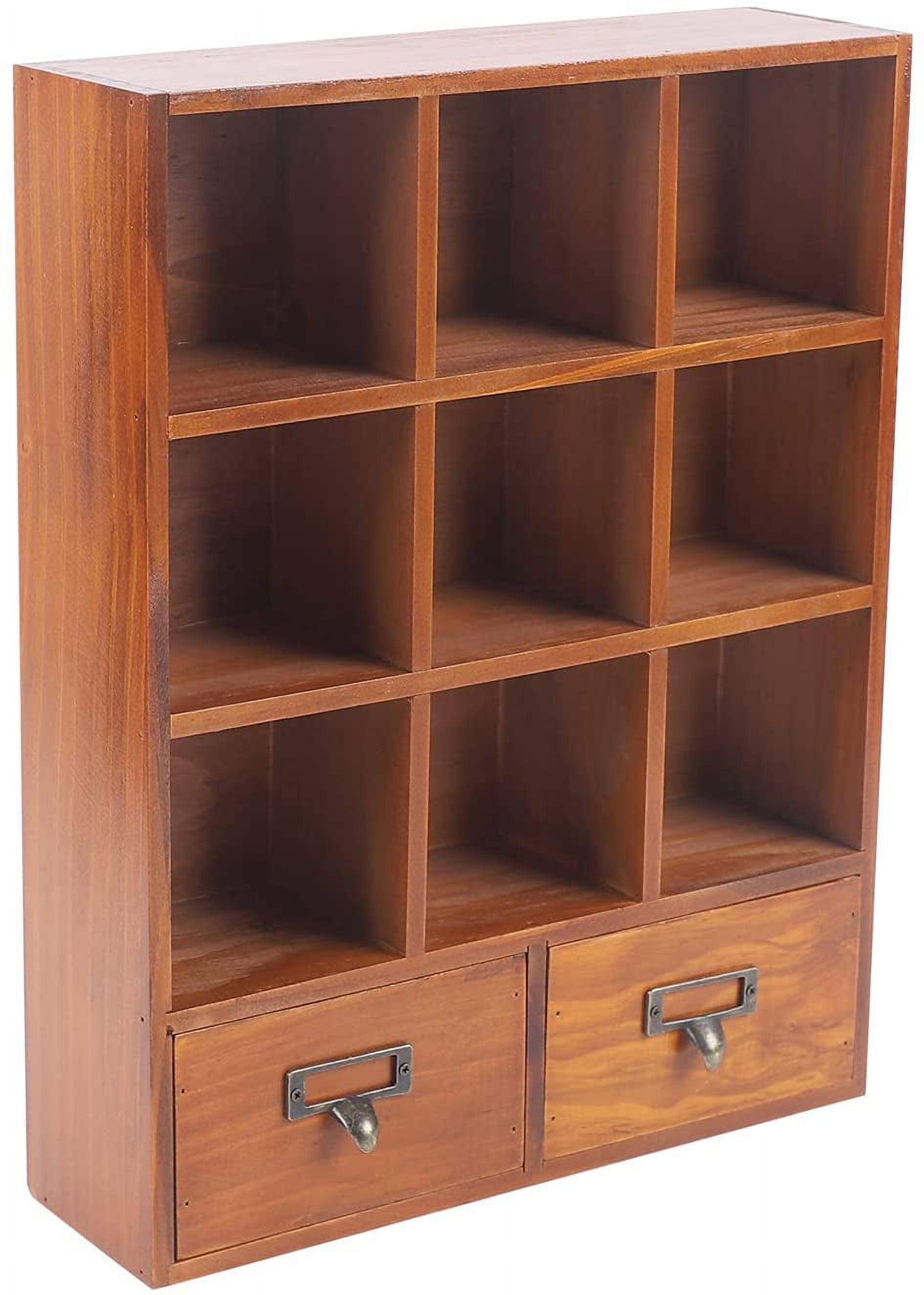 Vintage Wooden Display Shelves with 2 Drawers Storage 9 Compartment ...