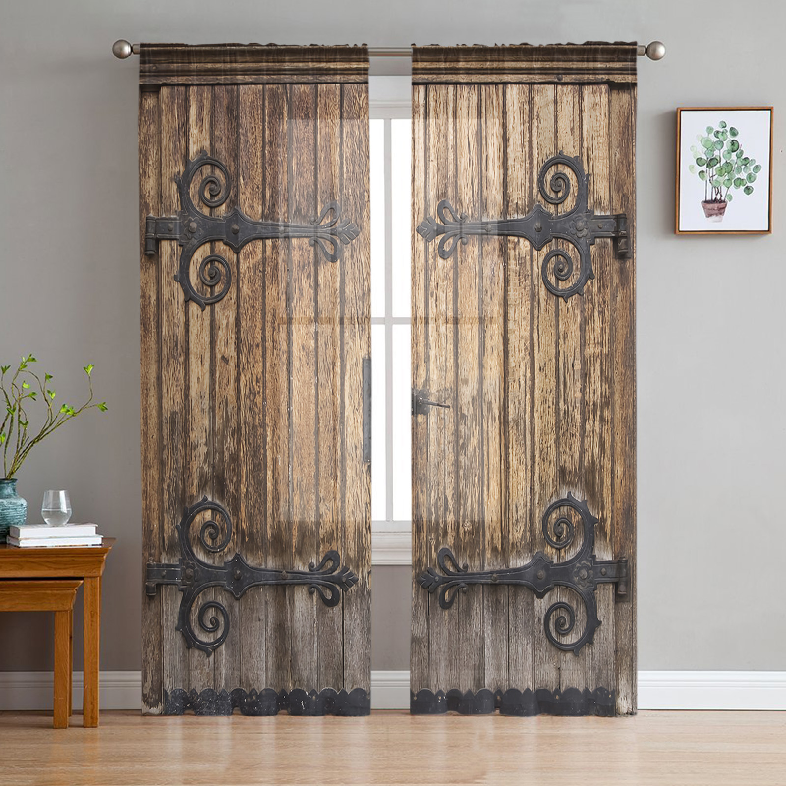 Vintage Wooden Door Doorway Tulle Curtains for Living Room ration ...