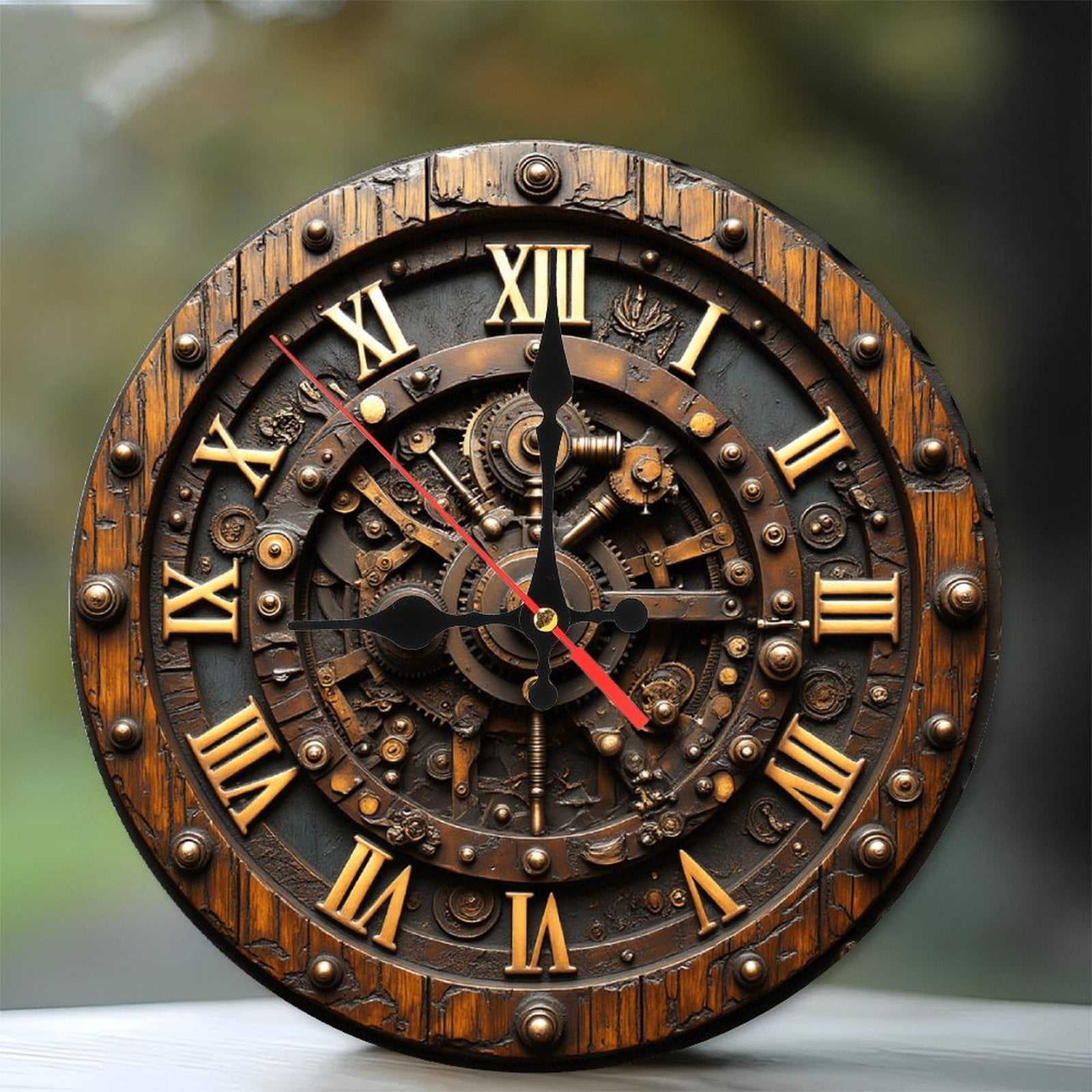 Vintage Wooden Gear Clock Roman Numerals Wall Decor 10-Inch Silent ...