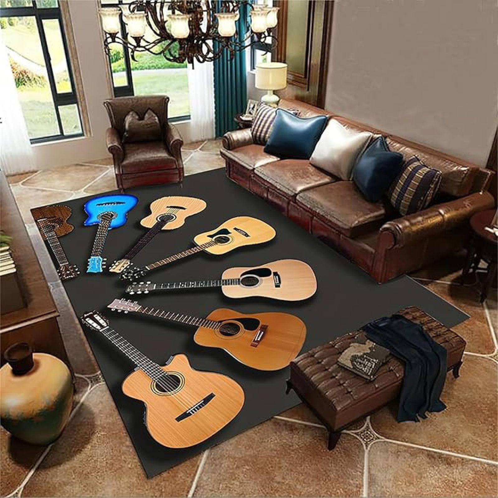 Vintage Wooden Guitar Area Rug, Black Background Music Lovers Non Slip ...