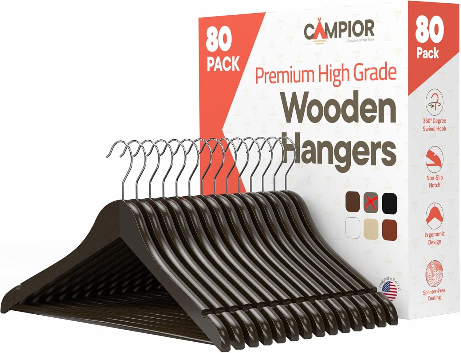 Vintage Wooden Hangers 80 Pack – Heavy-Duty with 360° Swivel Hook, Non ...