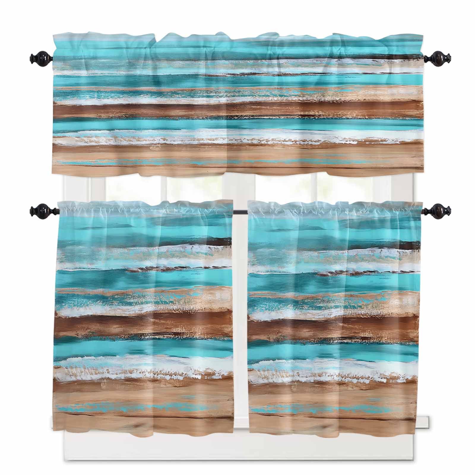 Vintage Wooden Kitchen Curtains and Valances Set, Board Abstract Blue Turquoise Wood Grain Rod ...