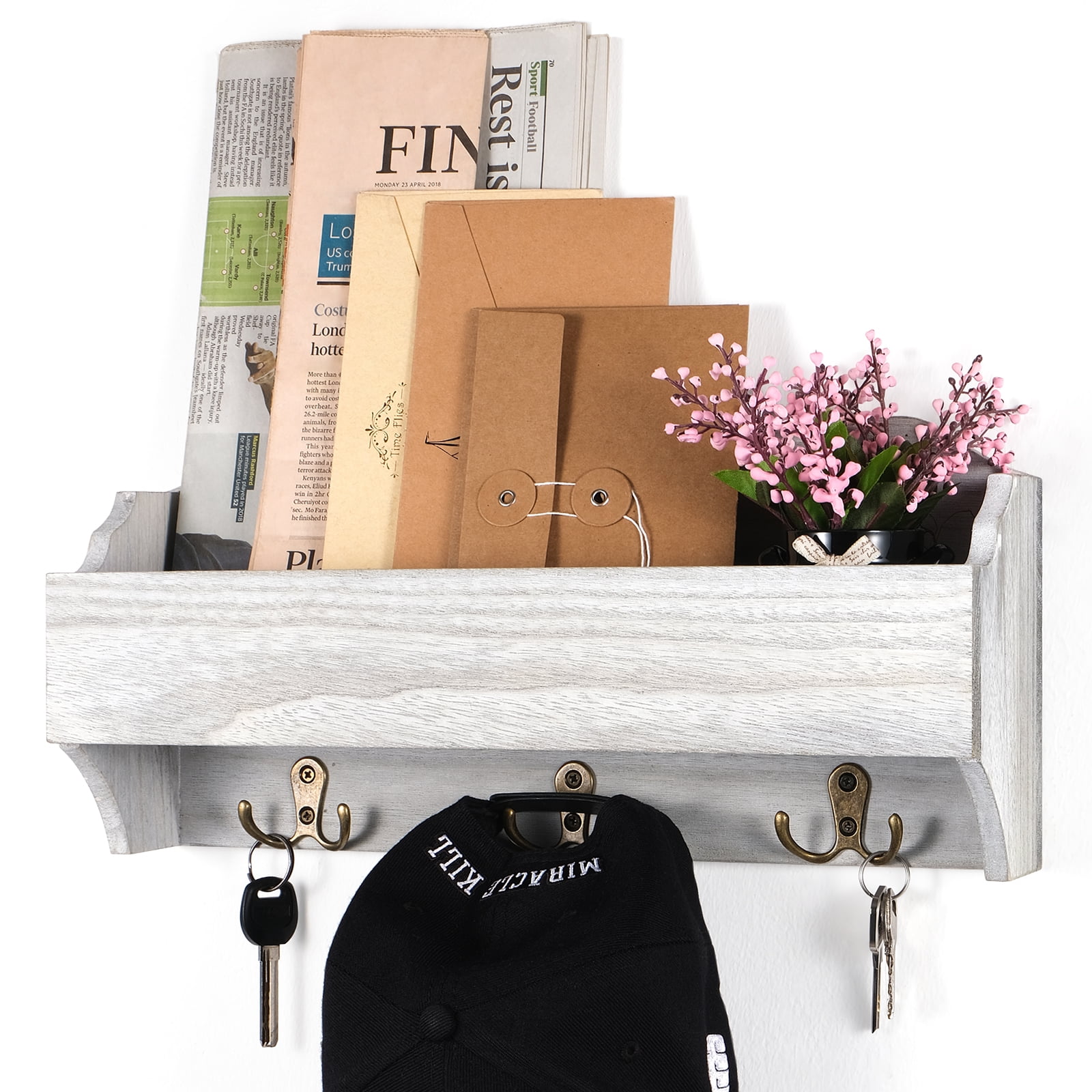 Vintage Wooden Mail 1-Piece Floating Wall Shelf With 6 Key Hooks ...