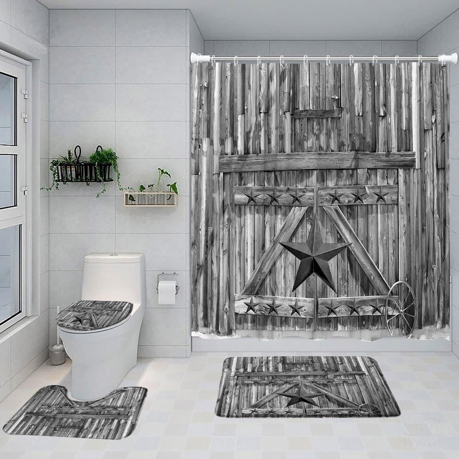 Vintage Wooden Panel Shower Curtain Farm Sickle Sunflower Wooden Door ...